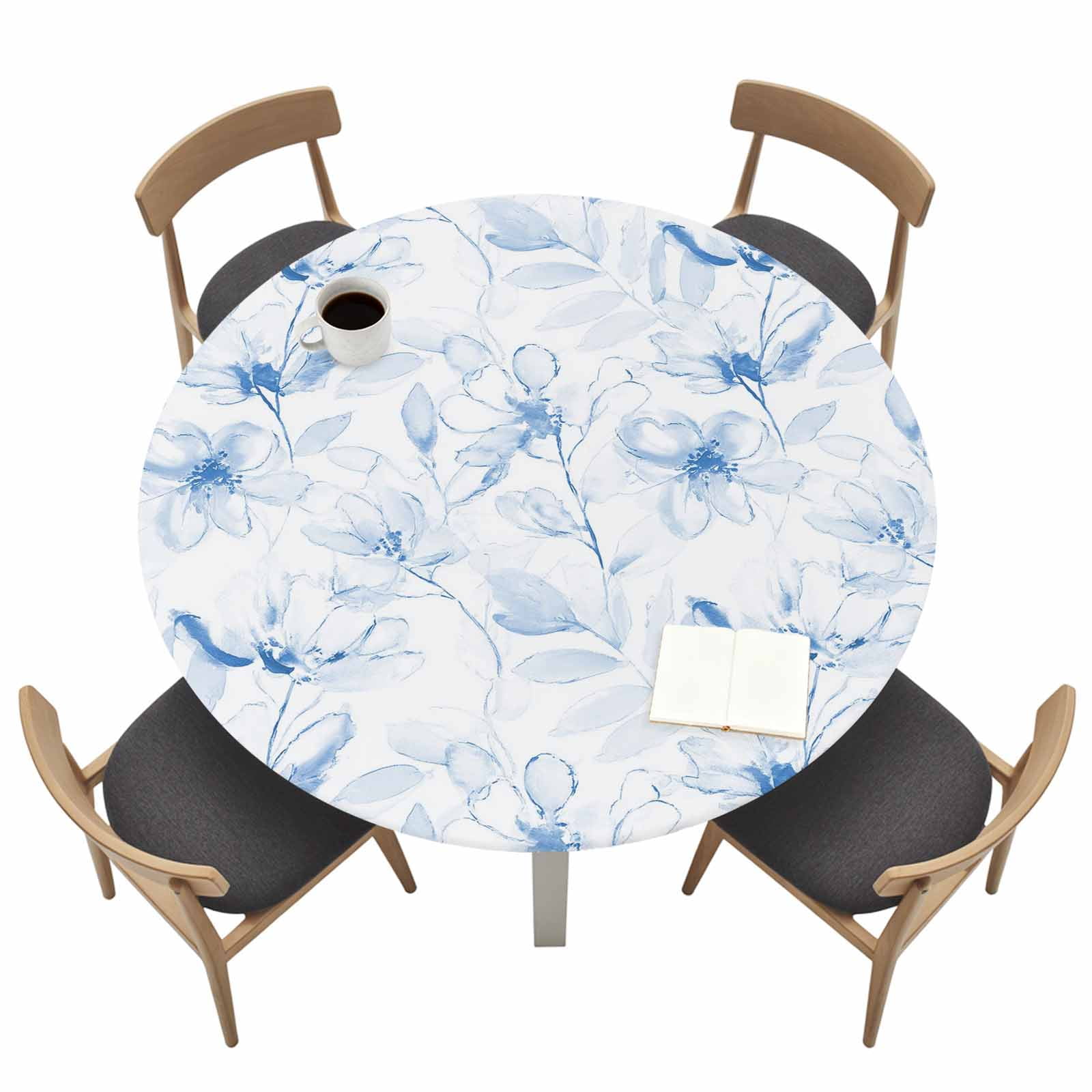 Blue Flower Fitted Tablecloth with Elastic Edged, Round Table Cloth for ...