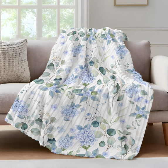 Blue Flower Fleece Throw Blanket for Couch, Sage Green Eucalyptus Leaf ...