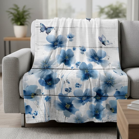 Blue Flower Fleece Throw Blanket Watercolor Spring Blue Floral ...