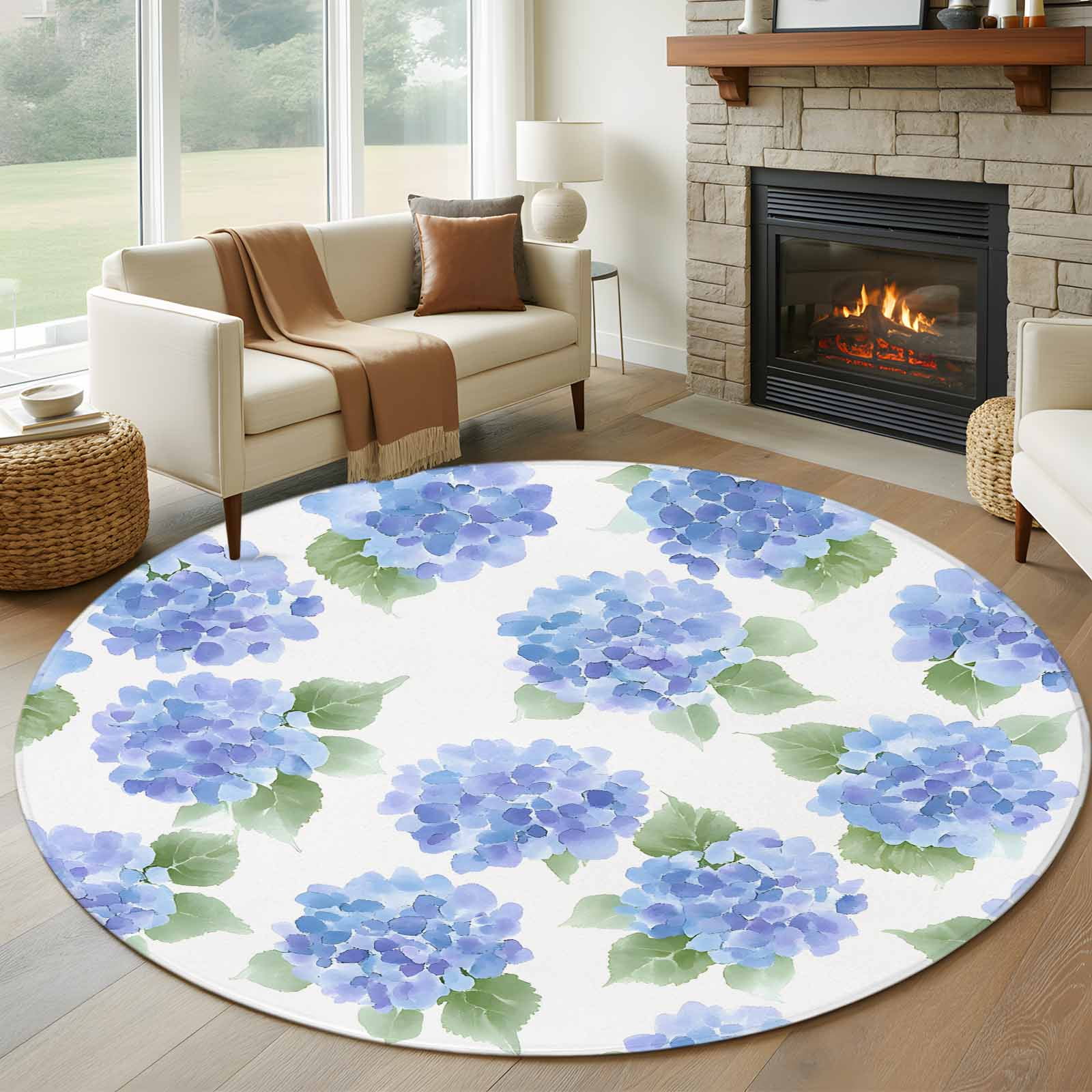 Blue Flower Floral Round Rug 5ft Washable Circle Kitchen Rugs Non Slip ...