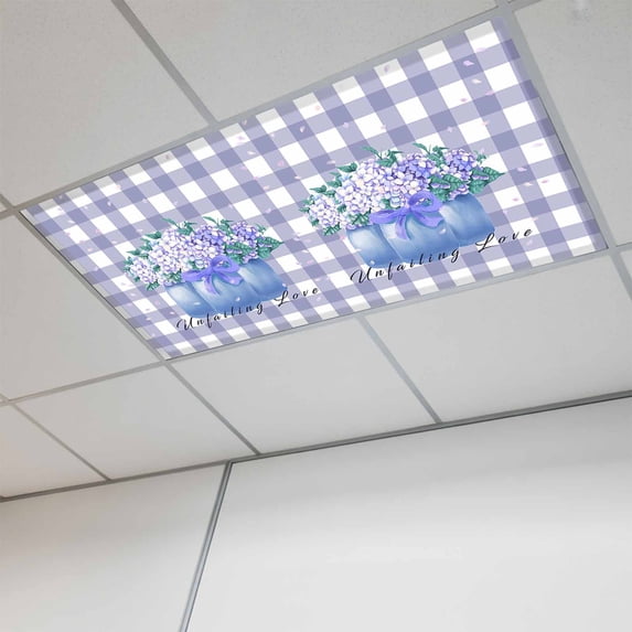 Blue Flower Fluorescent Light Covers, Green Leaves Rustic Plaid Purple ...