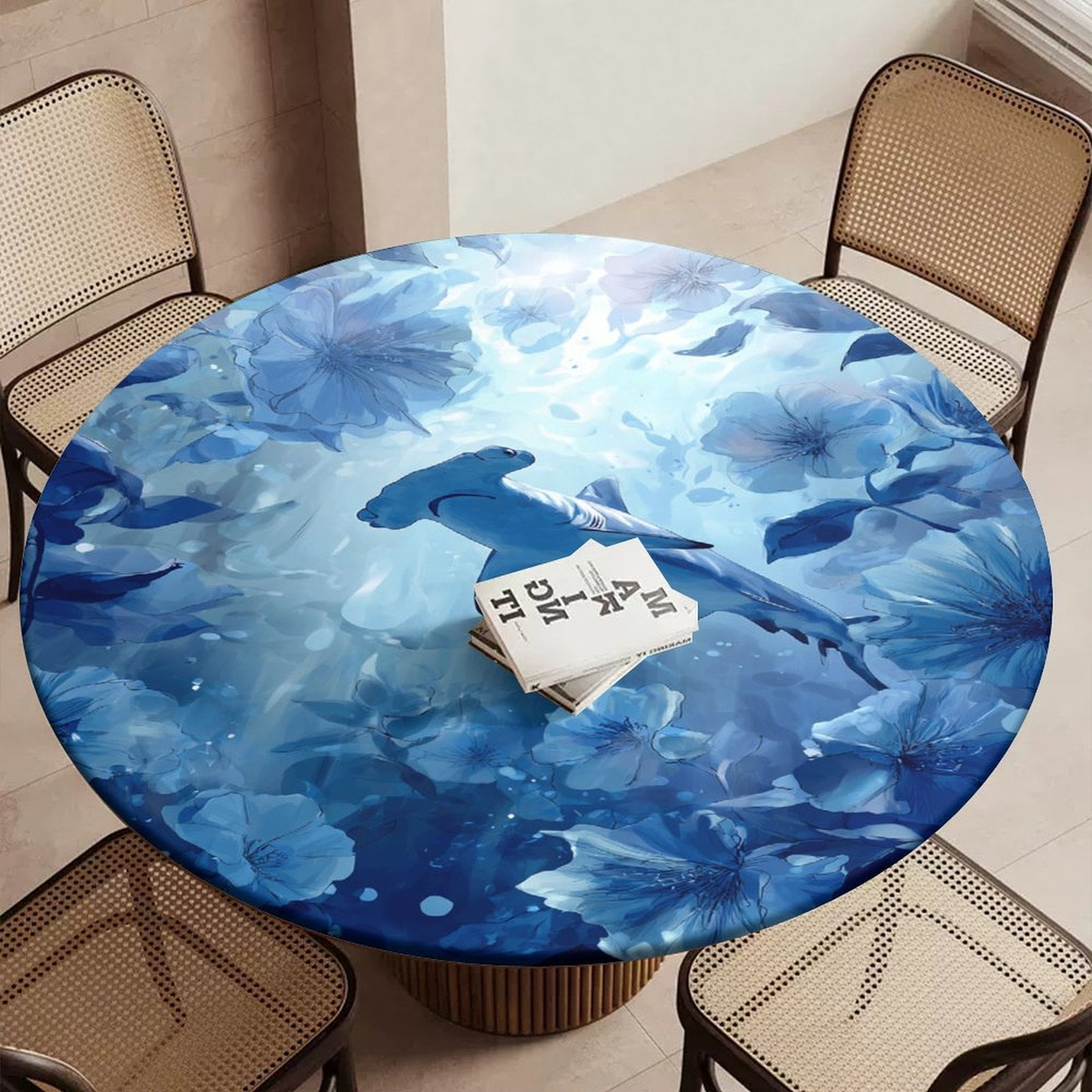 Blue Flower With Hammerhead Shark Round Table Cover Kitchen Printed ...