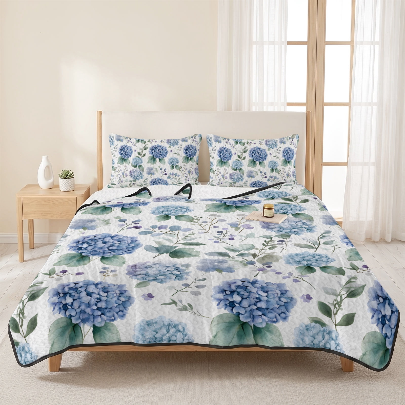 Blue Flower Hydrangea Eucalyptus Leaf 3 Pieces Quilt Set,1 Quilt with 2 ...