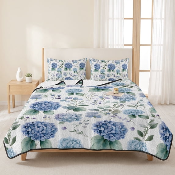 Blue Flower Hydrangea Eucalyptus Leaf 3 Pieces Quilt Set,1 Quilt with 2 ...