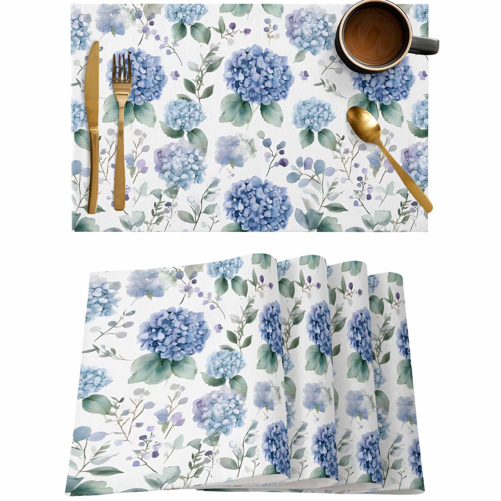 Blue Flower Hydrangea Eucalyptus Leaf Placemats Set of 4,Wipeable ...