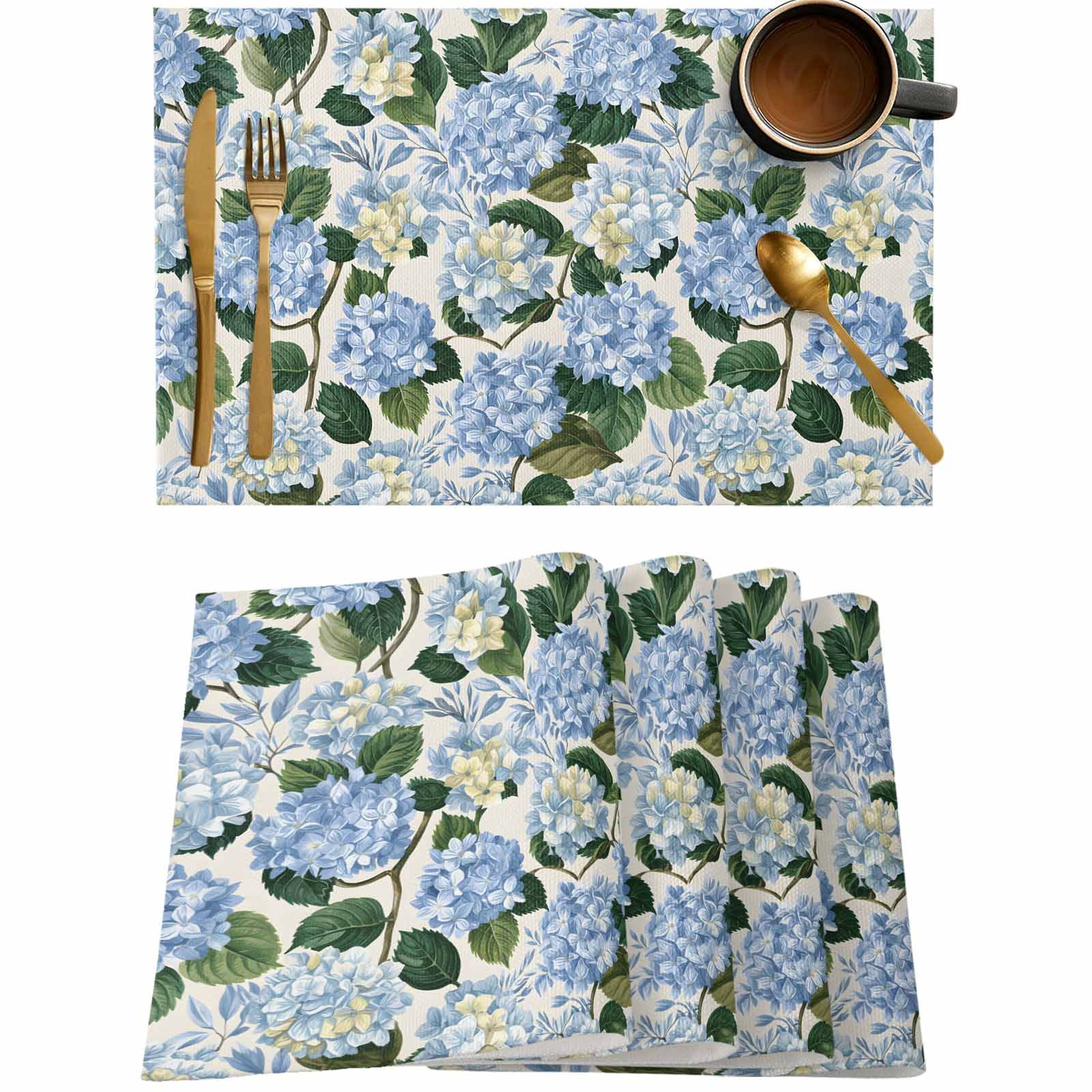 Blue Flower Hydrangea Green Leaf Placemats Set of 4,Wipeable Washable ...