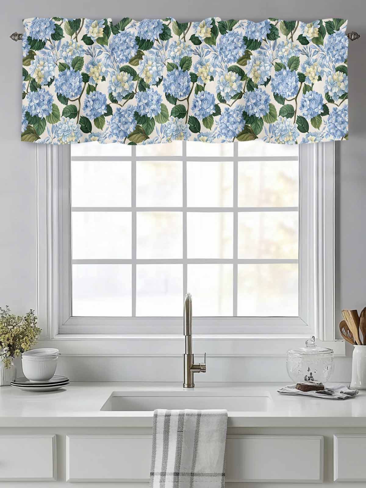 Blue Flower Hydrangea Green Leaf Valances for Windows,Kitchen Valance ...