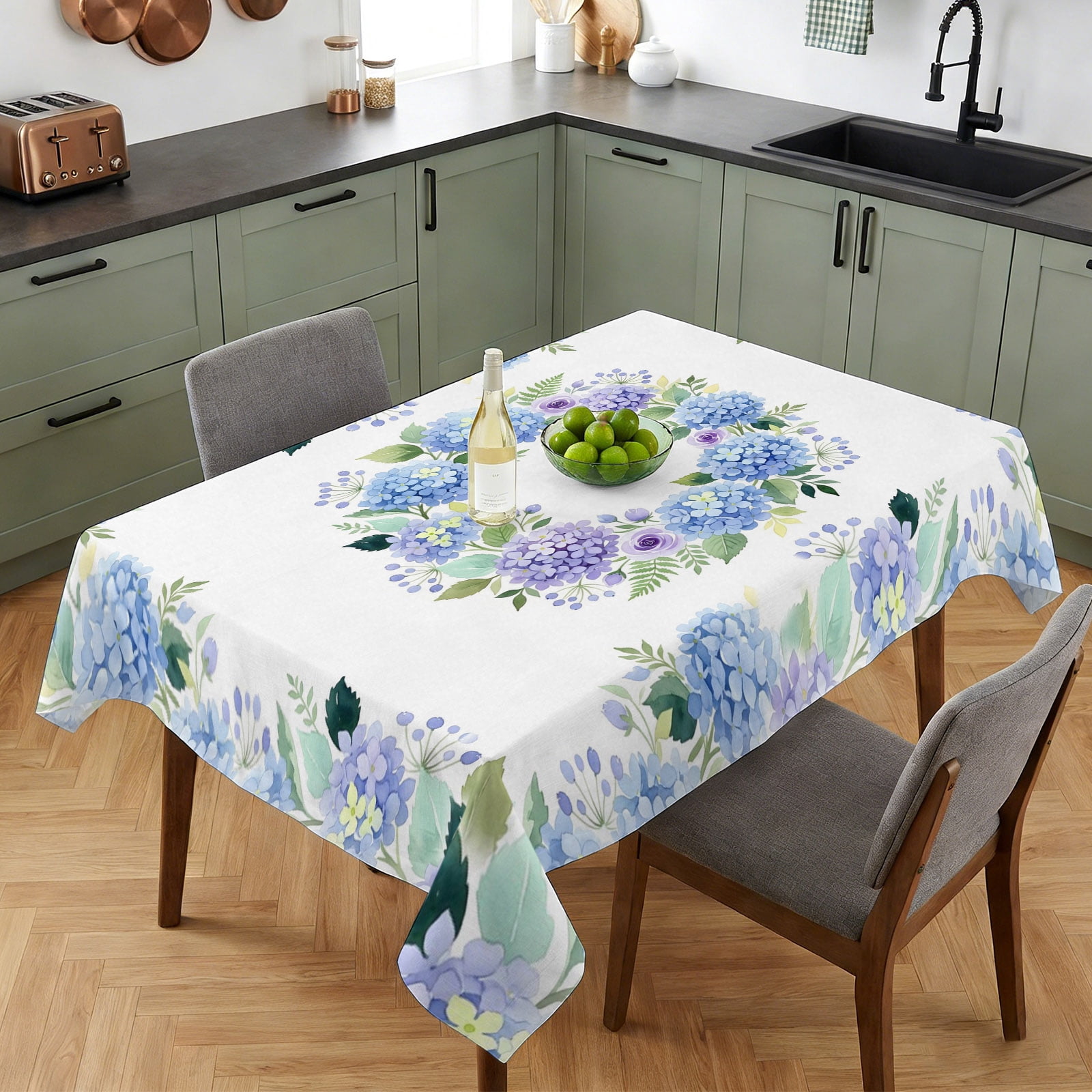 Blue Flower Hydrangea Wreath Table Cloth 52x70in, Waterproof Rectangle ...