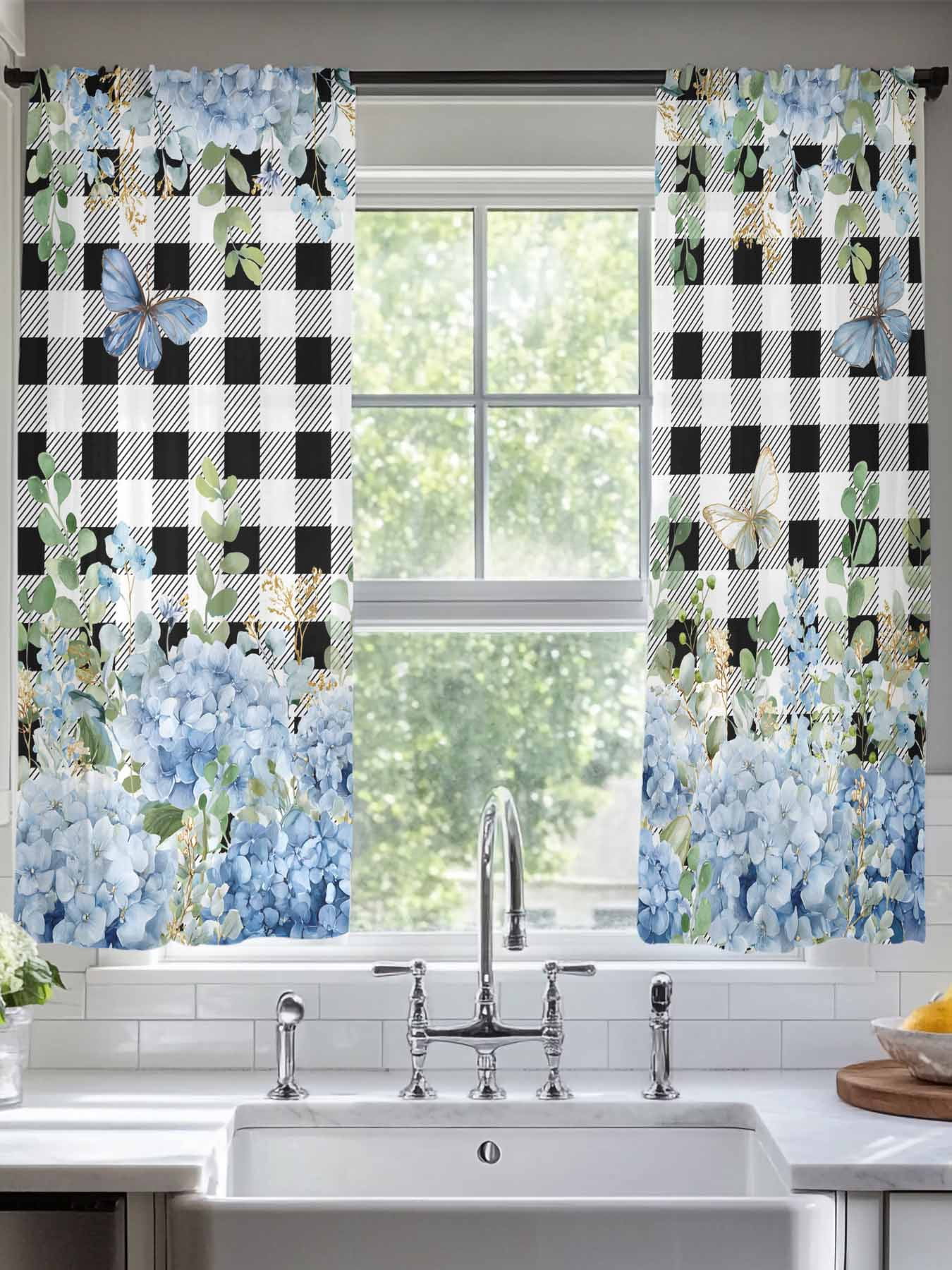 Blue Flower Hydrangeas Butterfly Chiffon Sheer Curtains 72 Inches Long ...