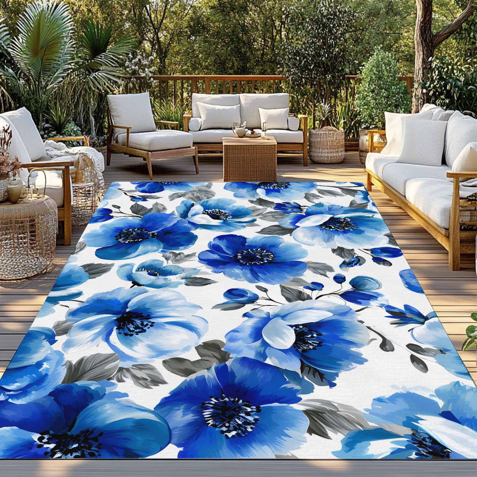 Blue Flower Indoor Outdoor Rugs 3x5 Ft, Watercolor Gradient Blue White ...
