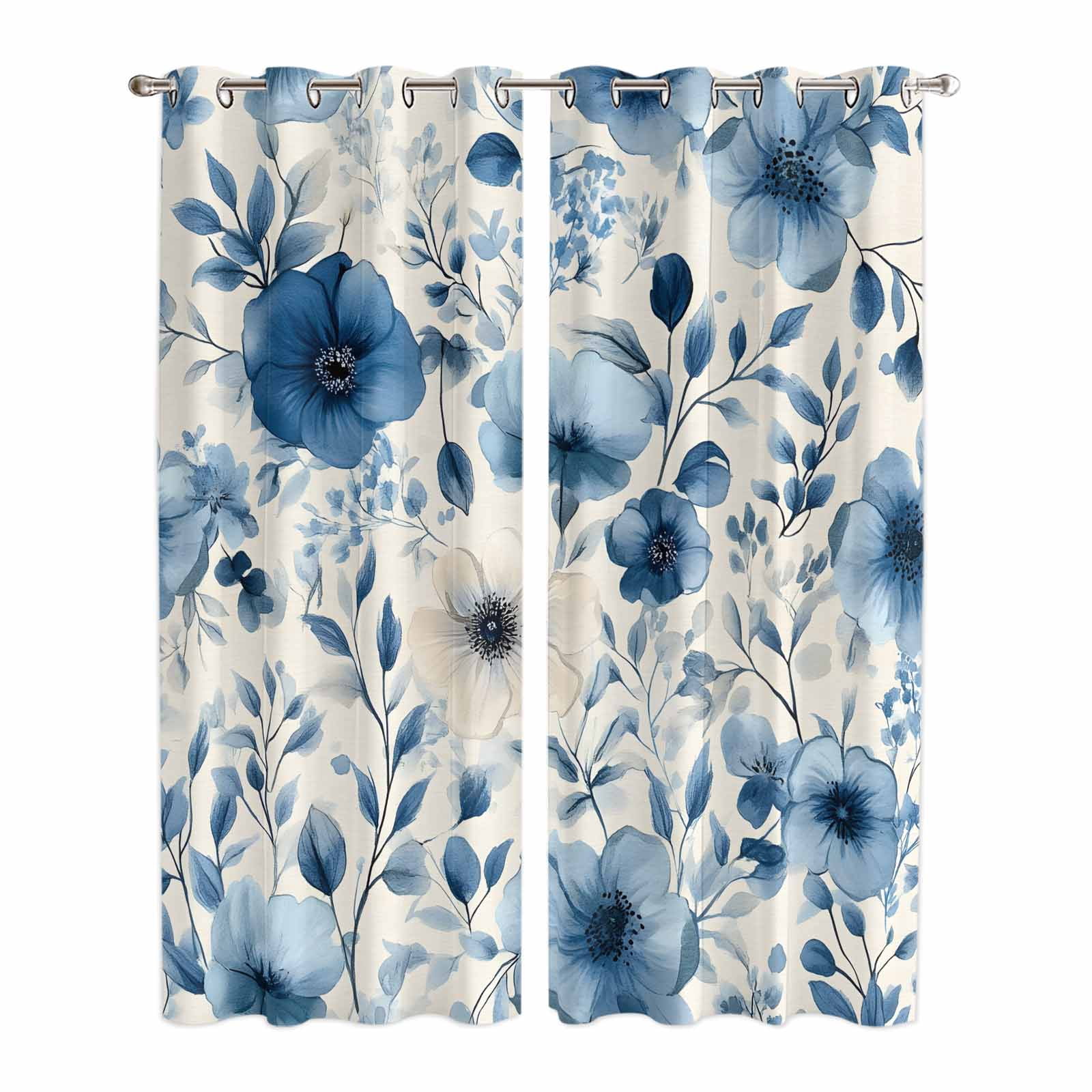 Blue Flower Kitchen Curtains 96 Inch Length, Spring Cottagecore Blooms ...