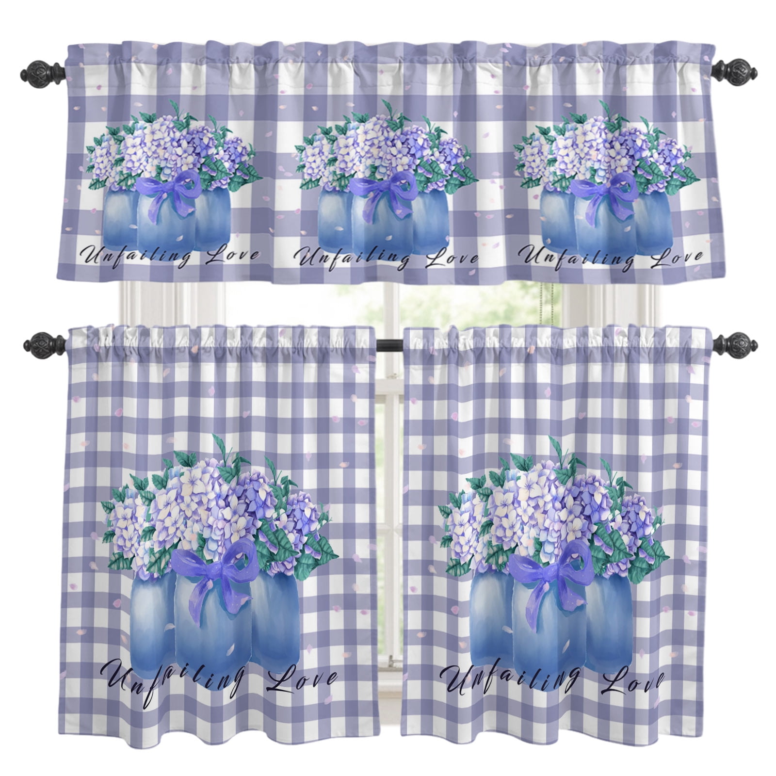 Blue Flower Kitchen Curtains, Kitchen Curtains and Valances Set of 3 ...
