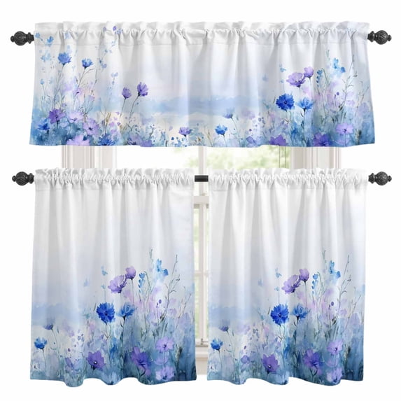 Blue Flower Kitchen Curtains, Kitchen Curtains and Valances Set of 3 ...