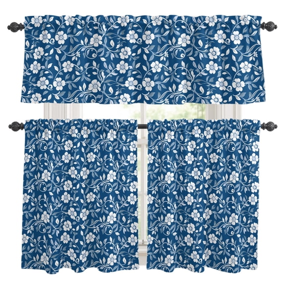 Blue Flower Kitchen Curtains Set for Windows, Country Retro Pastoral ...