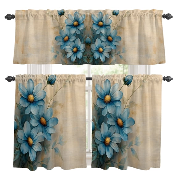 Blue Flower Kitchen Curtains Set for Windows, Spring Vintage Floral ...