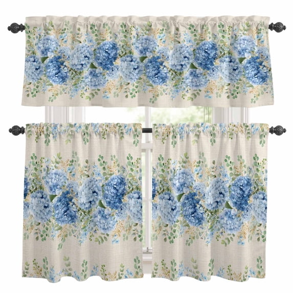 Blue Flower Kitchen Curtains Set for Windows, Summer Country Hydrangea ...
