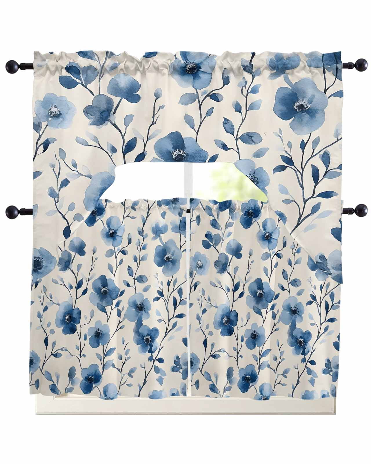Blue Flower Kitchen Curtains Swag Valance and Tier Curtains Set 24 Inch Length, Watercolor ...