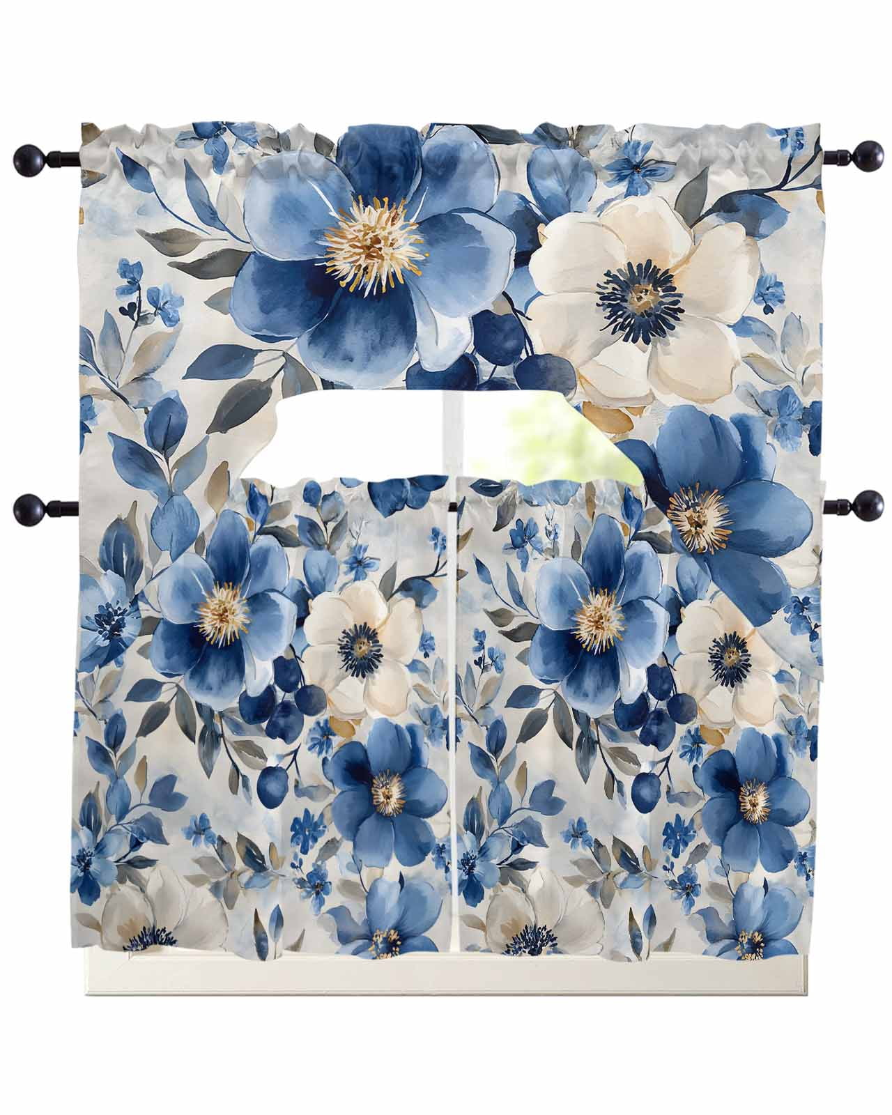 Blue Flower Kitchen Curtains Swag Valance and Tier Curtains Set 36 Inch ...