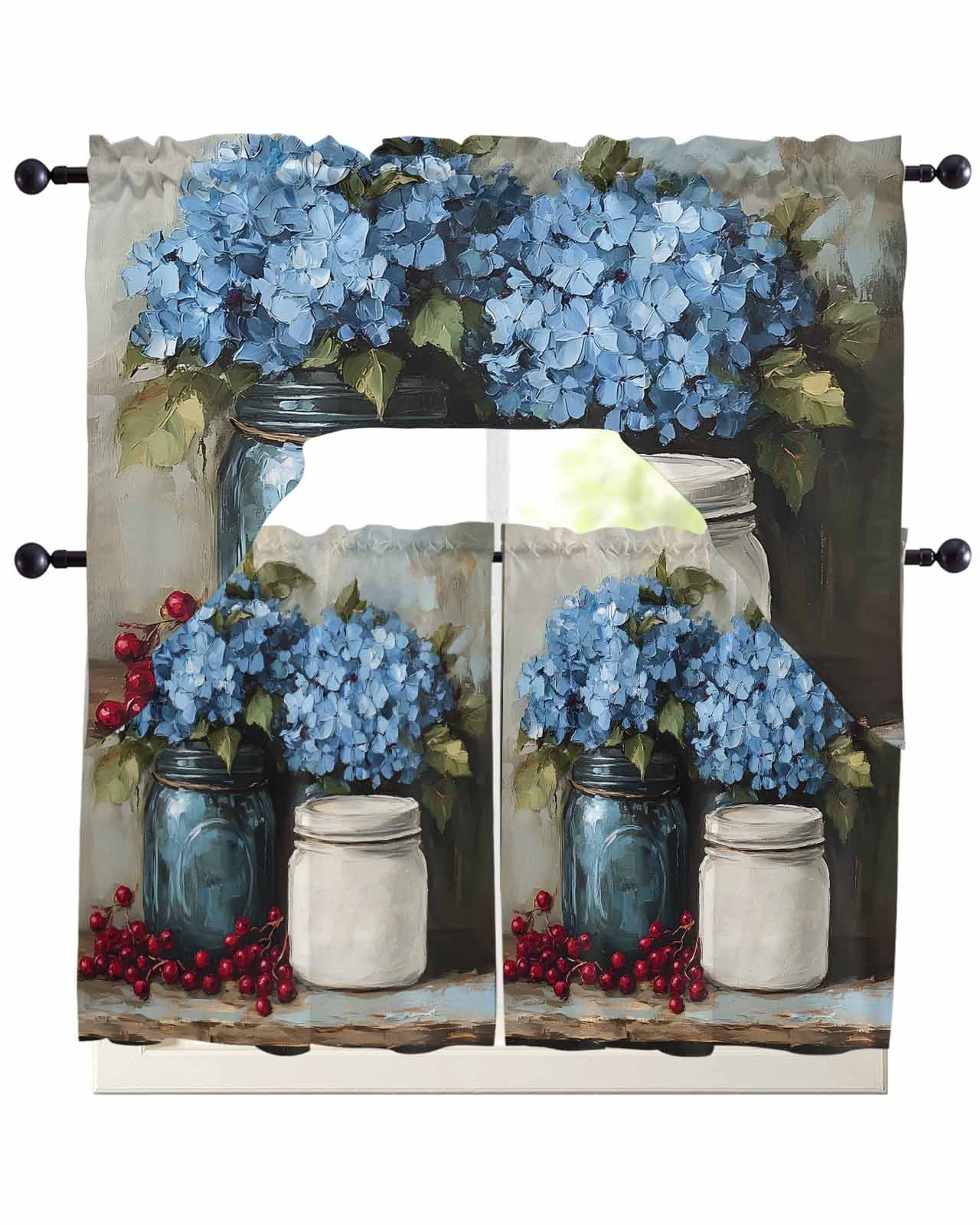 Blue Flower Kitchen Curtains Swag Valance and Tier Curtains Set 36 Inch ...