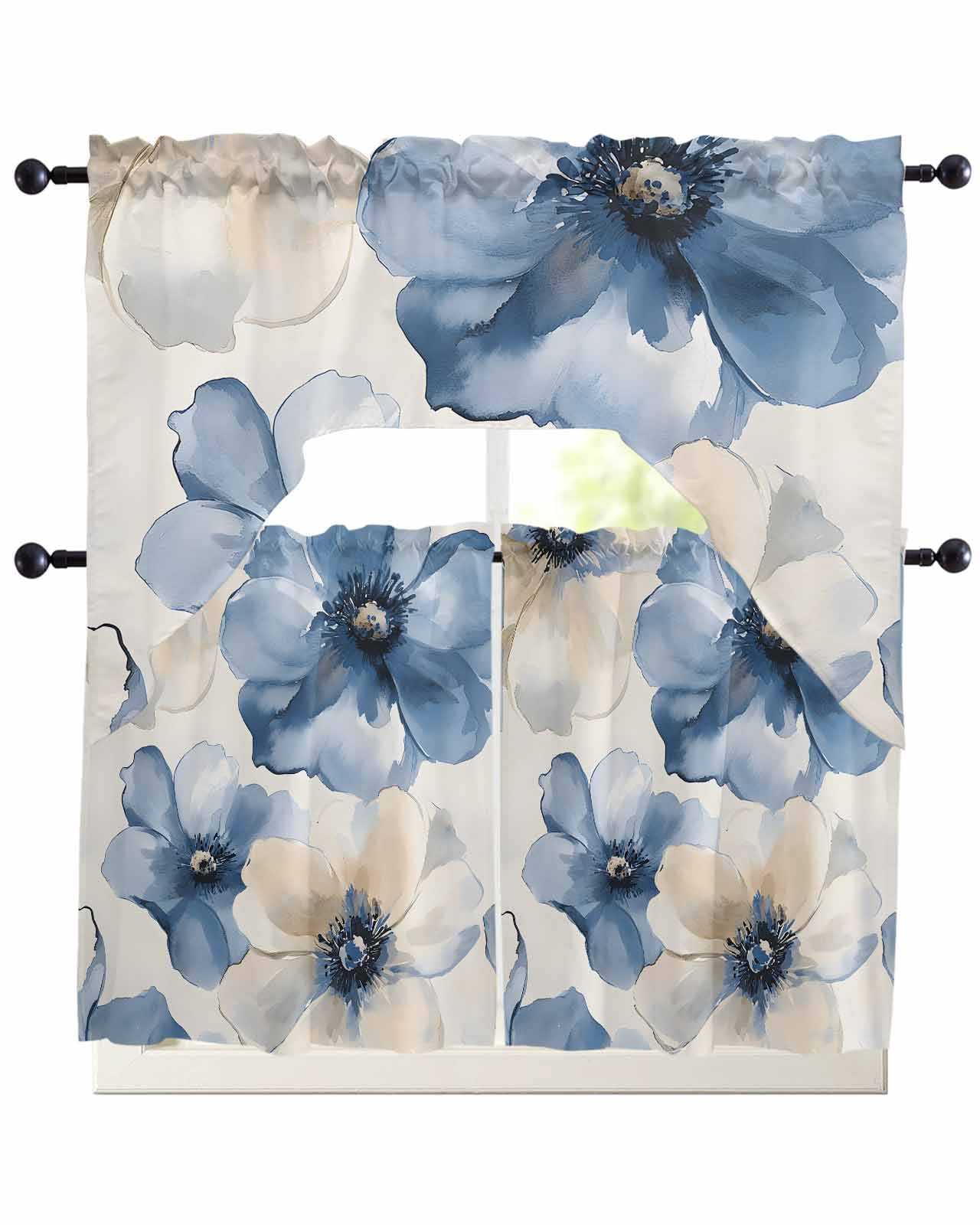 Blue Flower Kitchen Curtains Swag Valance and Tier Curtains Set 36 Inch Length, Watercolor ...
