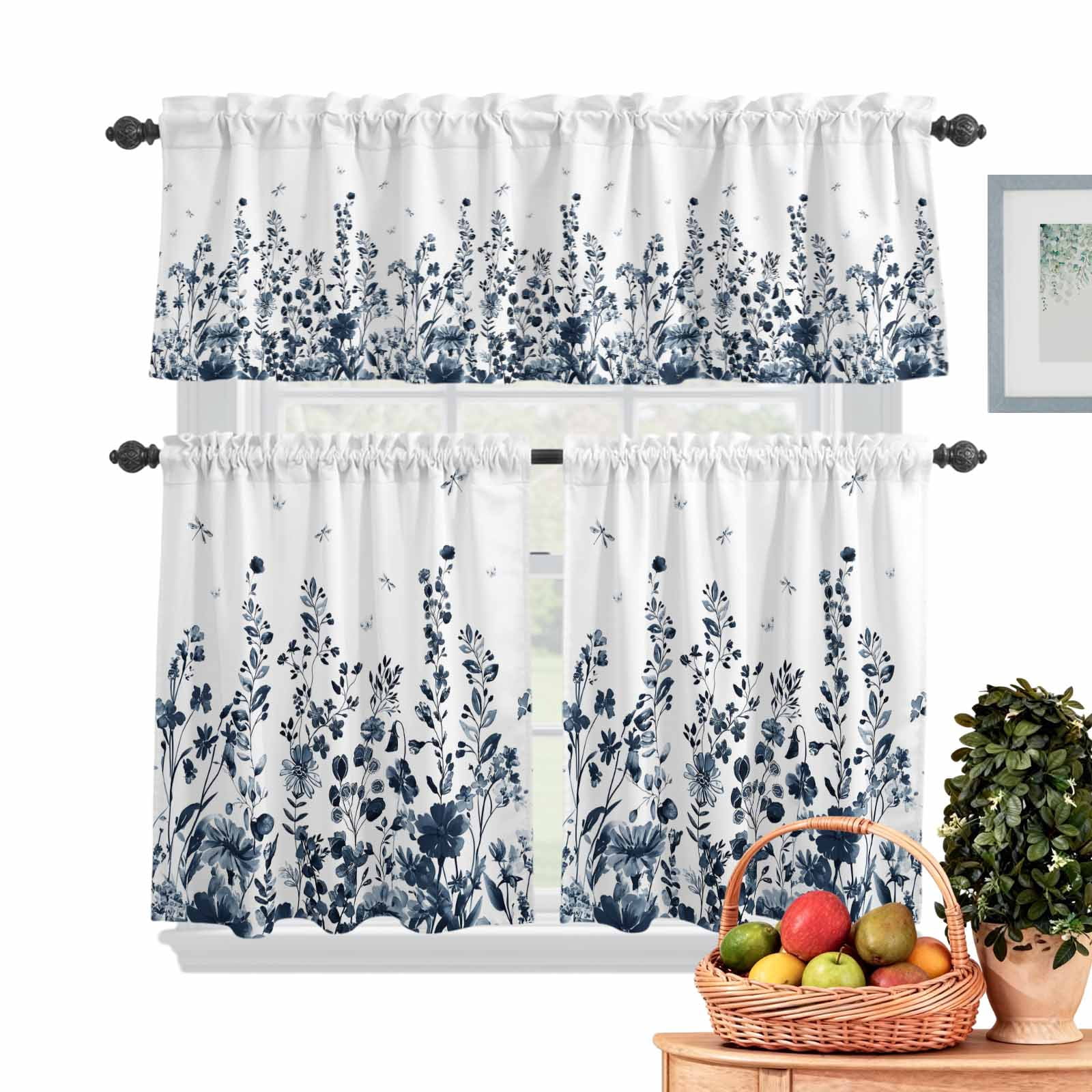 Blue Flower Kitchen Curtains Valances 3 Piece Set, Dragonfly Leaf Bud ...