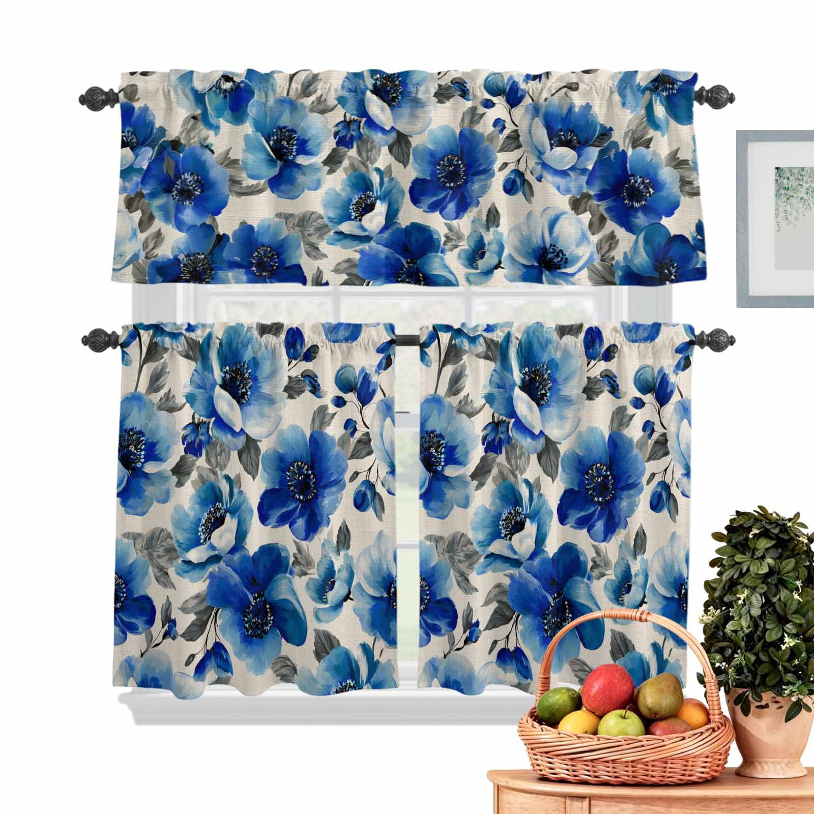 Blue Flower Kitchen Curtains Valances 3 Piece Set, Watercolor Gradient ...