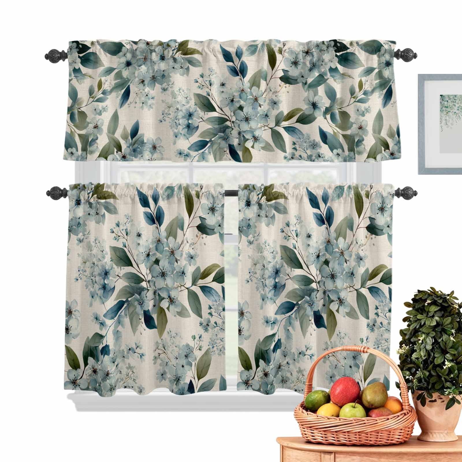 Blue Flower Kitchen Curtains Valances 3 Piece Set, Watercolor Spring ...