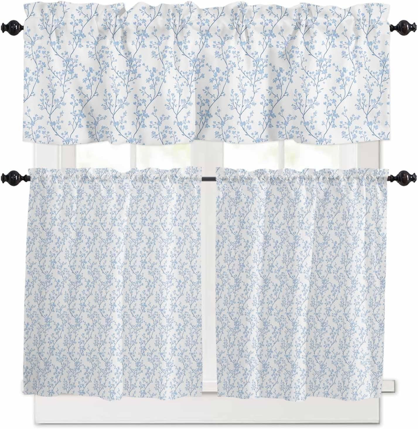 Blue Flower Kitchen Curtains and Valances Set, Rod Pocket Curtains Tier ...