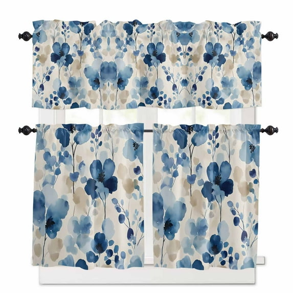 Blue Flower Kitchen Curtains Valances and Tiers Set of 3 Pastoral Plant ...
