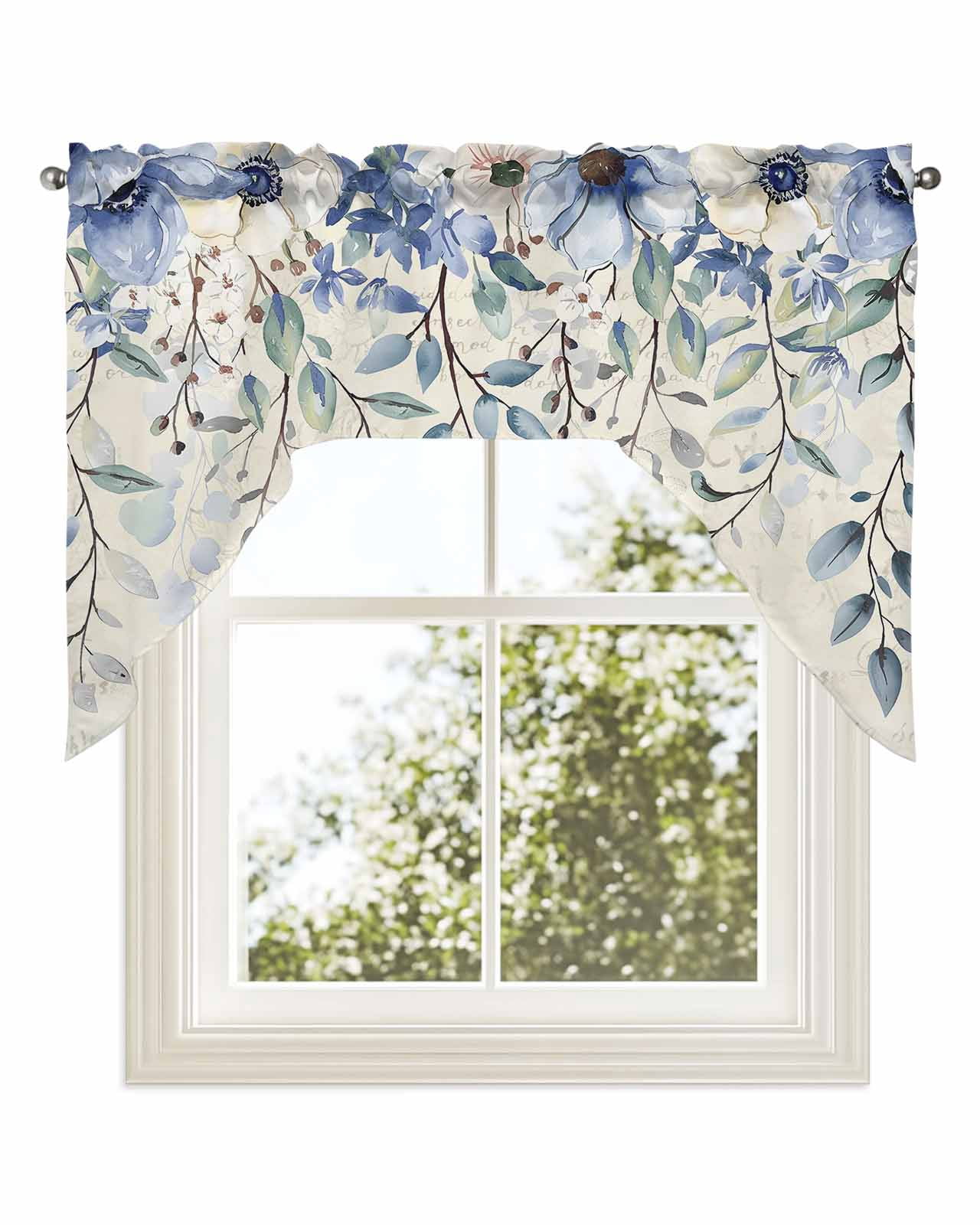Blue Flower Kitchen Swag Valance for Window,Rod Pocket Short Kitchen ...