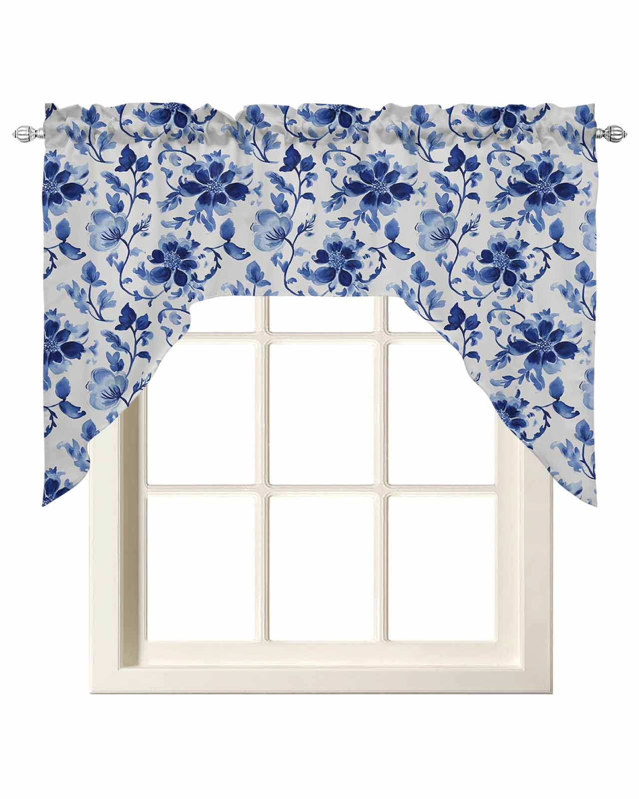 Blue Flower Kitchen Swag Valances for Windows, Country Watercolor ...