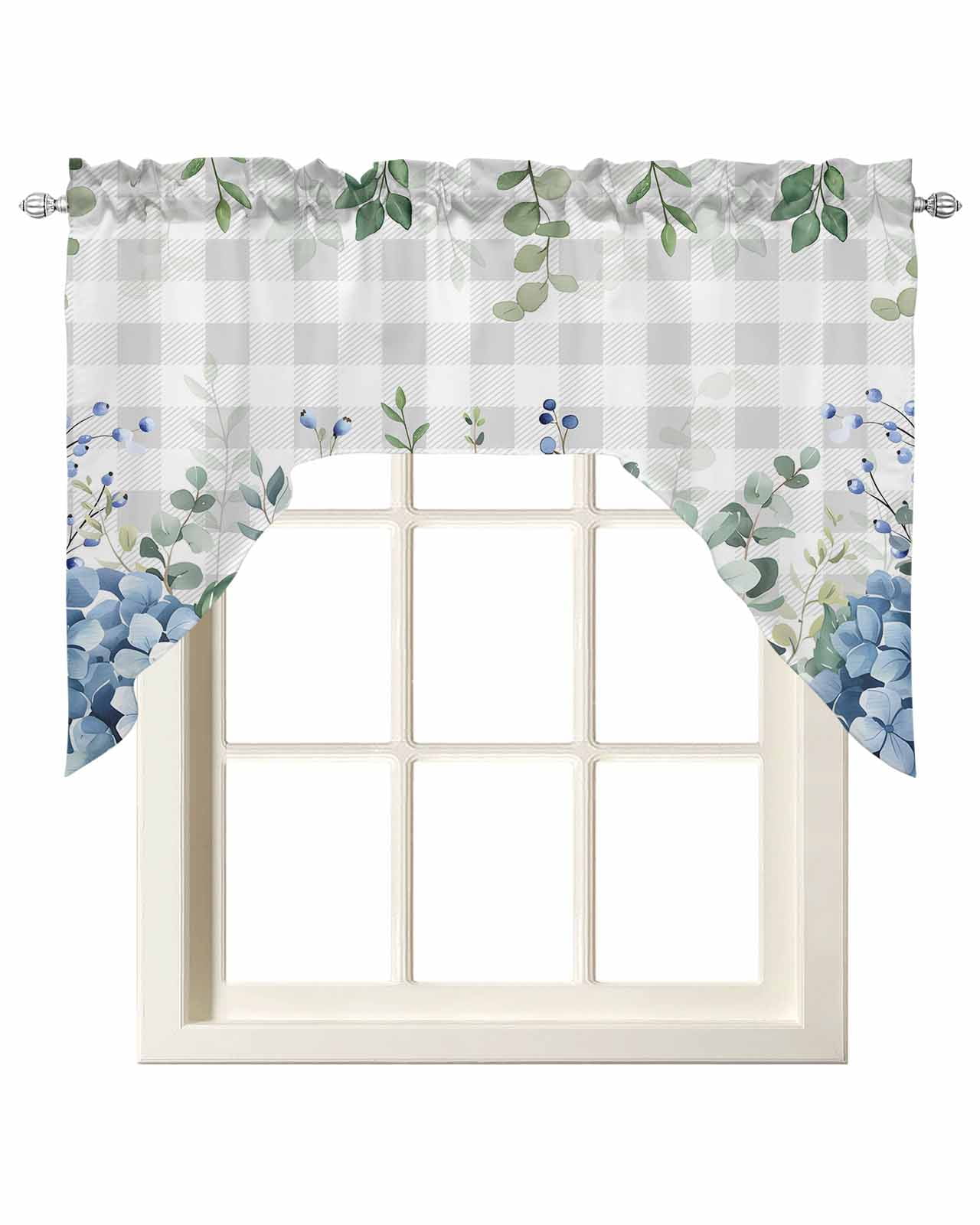 Blue Flower Kitchen Swag Valances for Windows, Grey Plaid Hydrangeas ...