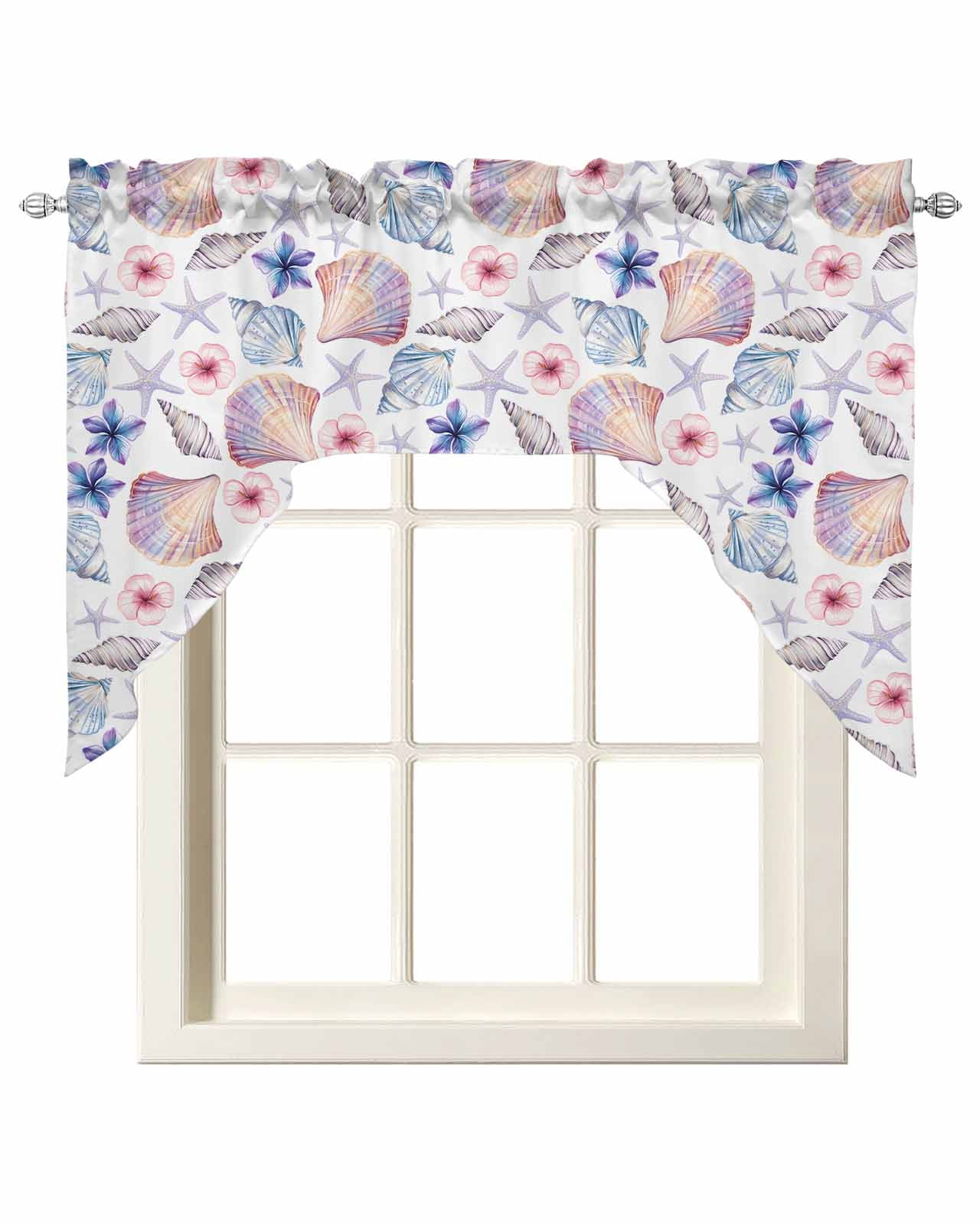 Blue Flower Kitchen Swag Valances for Windows, Summer Coastal Shell ...