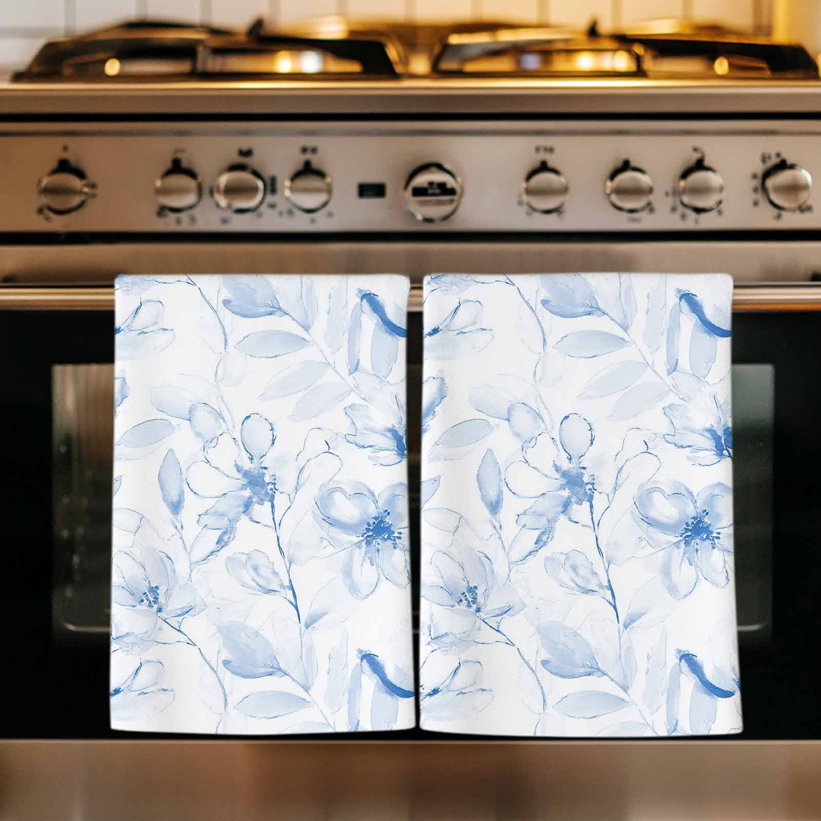 Blue Flower Kitchen Towels Set of 3, Watercolor Floral Botanical Line ...