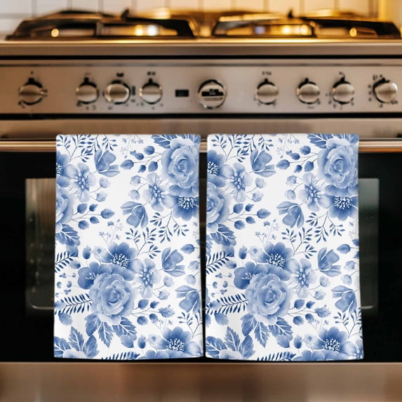 Blue Flower Kitchen Towels Set of 4, Botanical Farmhouse Watercolor ...