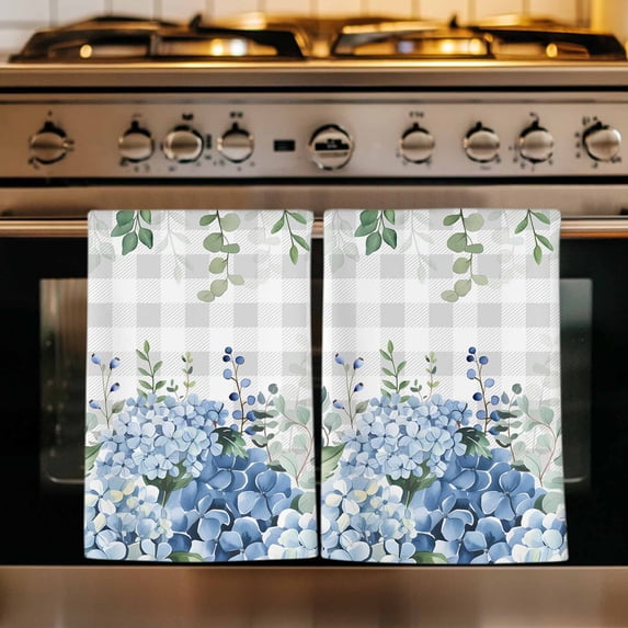 Blue Flower Kitchen Towels Set of 4, Grey Plaid Hydrangeas Eucalyptus ...