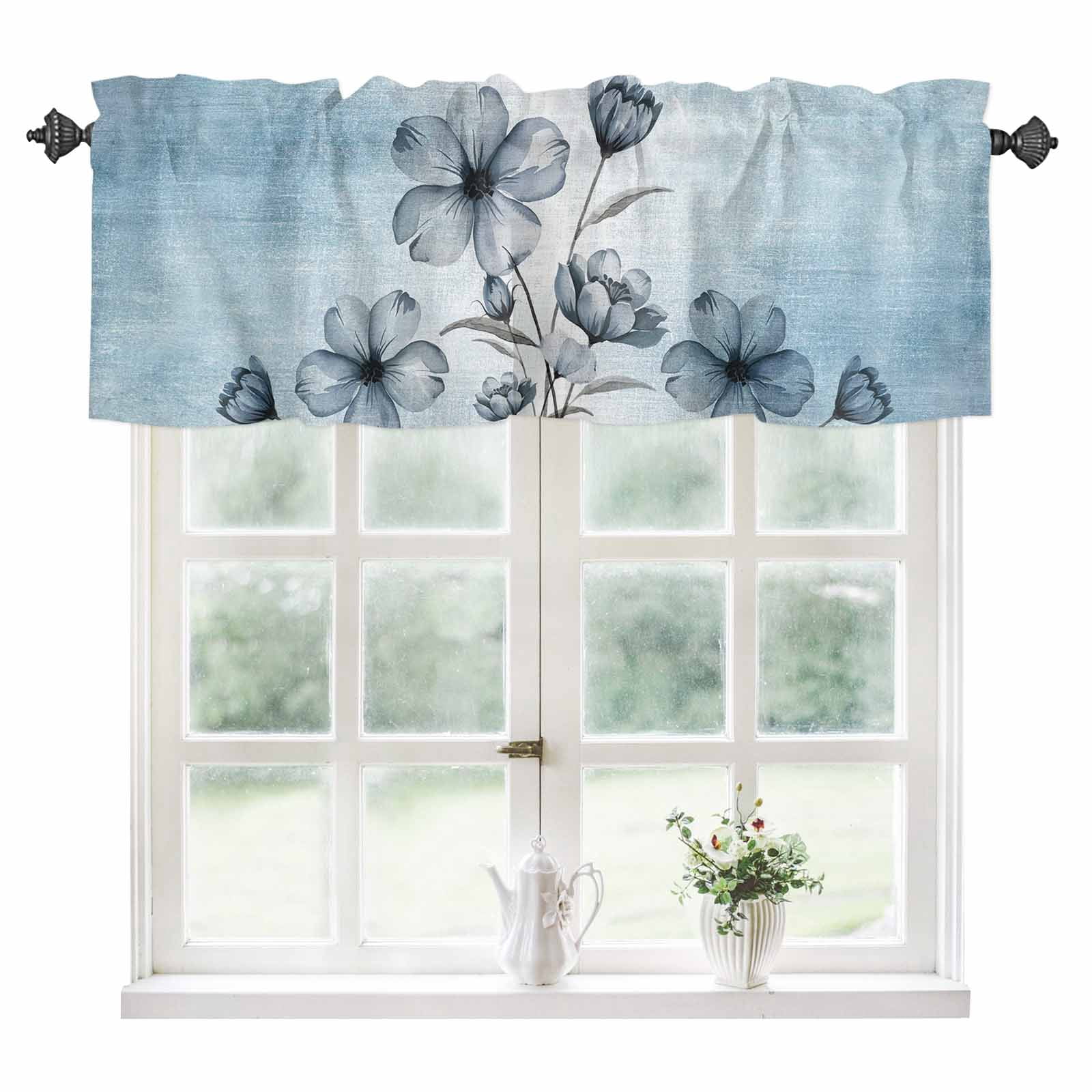 Blue Flower Kitchen Valances for Windows 42x12 Inch Kitchen Curtains ...