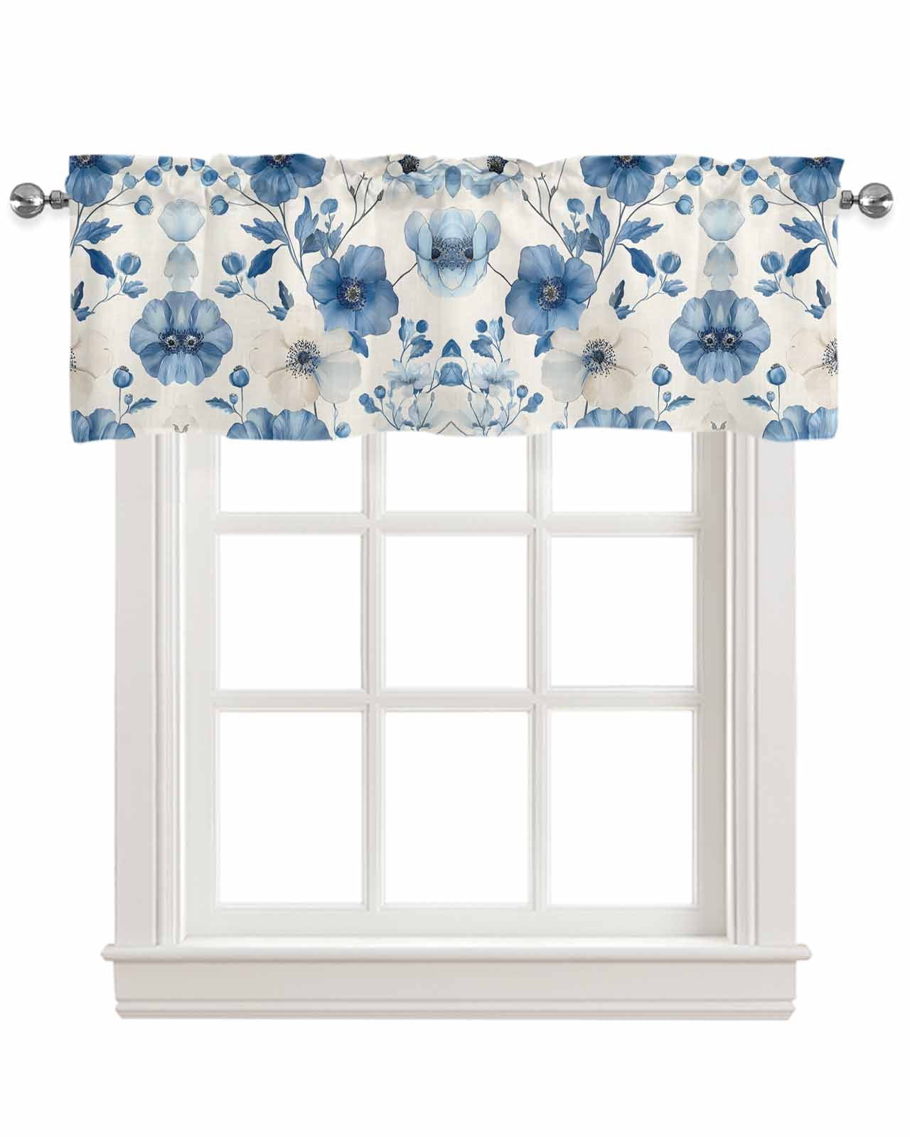 Blue Flower Kitchen Valances for Windows Farmhouse Linen Window Valance ...