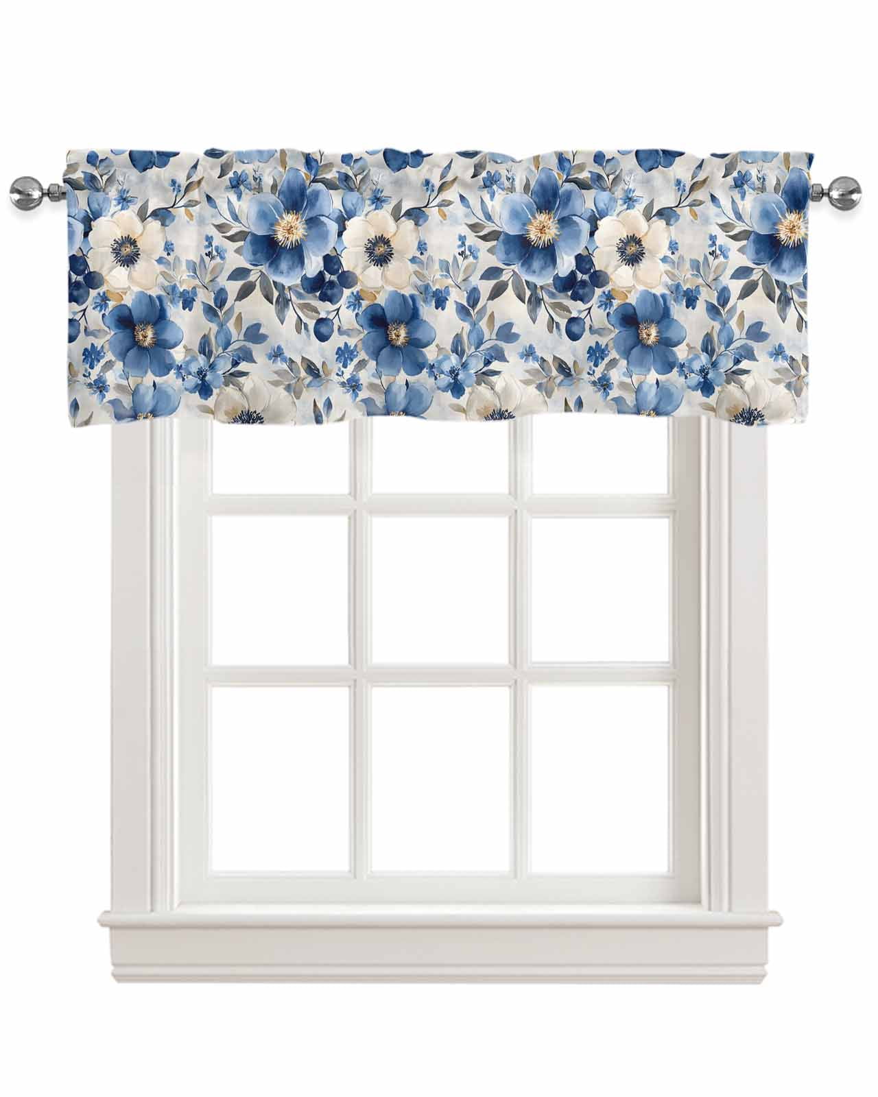 Blue Flower Kitchen Valances for Windows Farmhouse Linen Window Valance ...