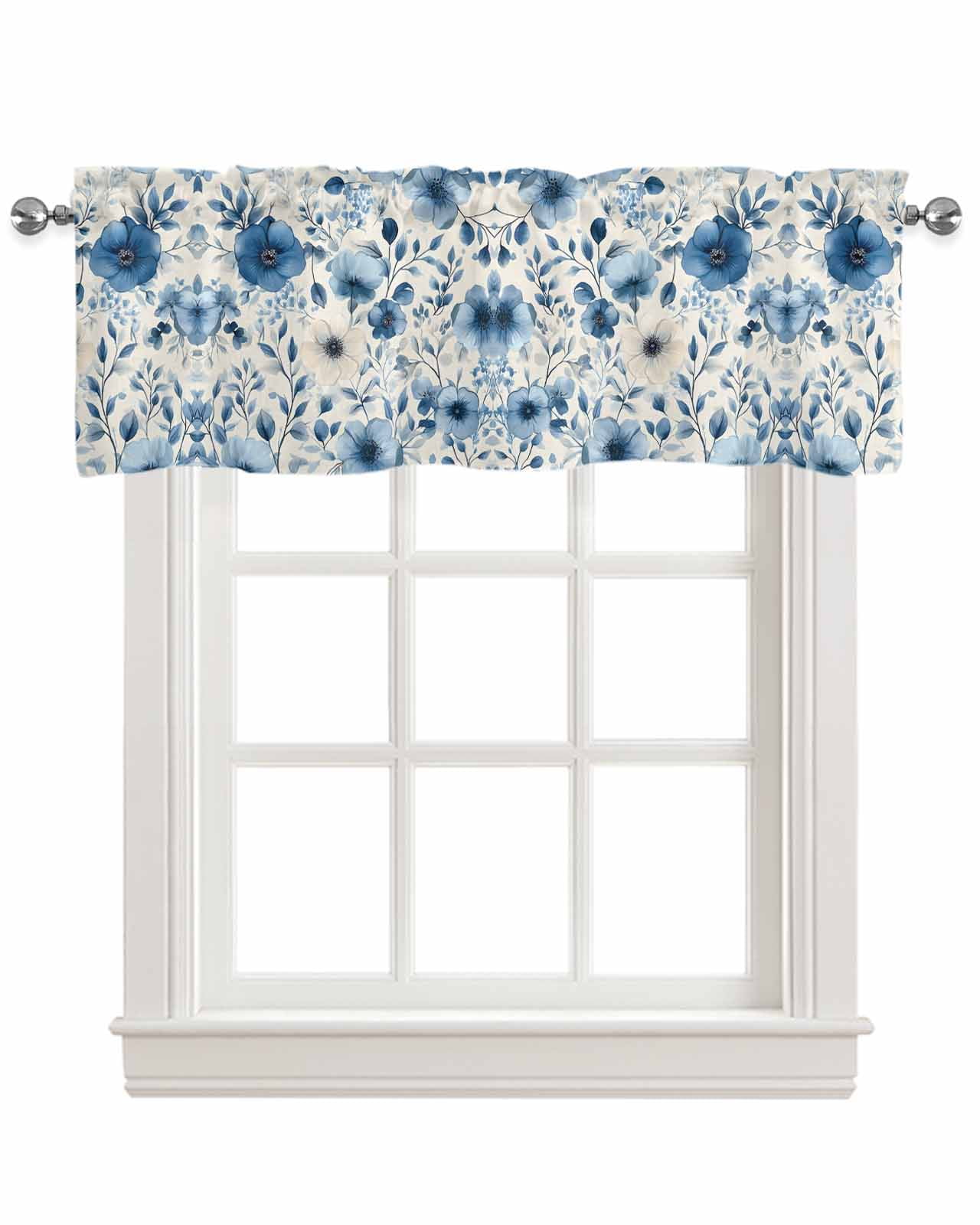 Blue Flower Kitchen Valances for Windows Farmhouse Linen Window Valance ...