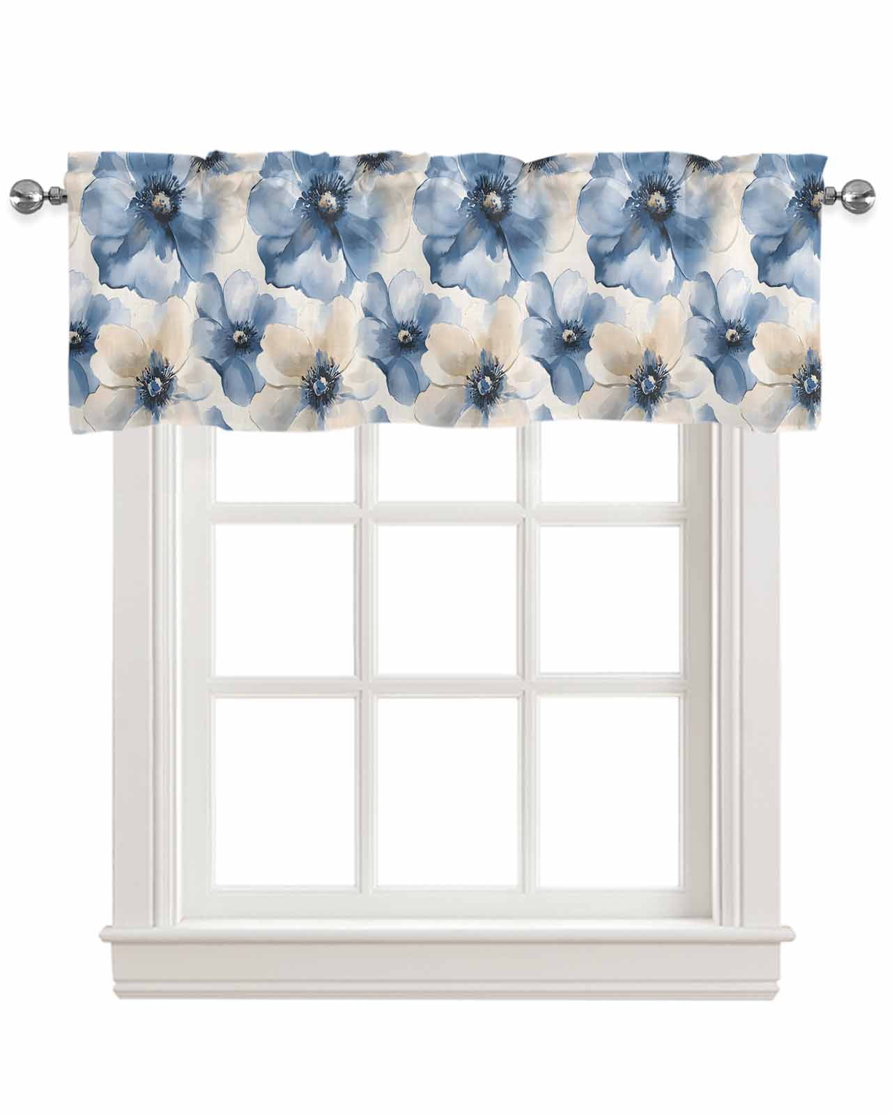 Blue Flower Kitchen Valances for Windows Farmhouse Linen Window Valance ...