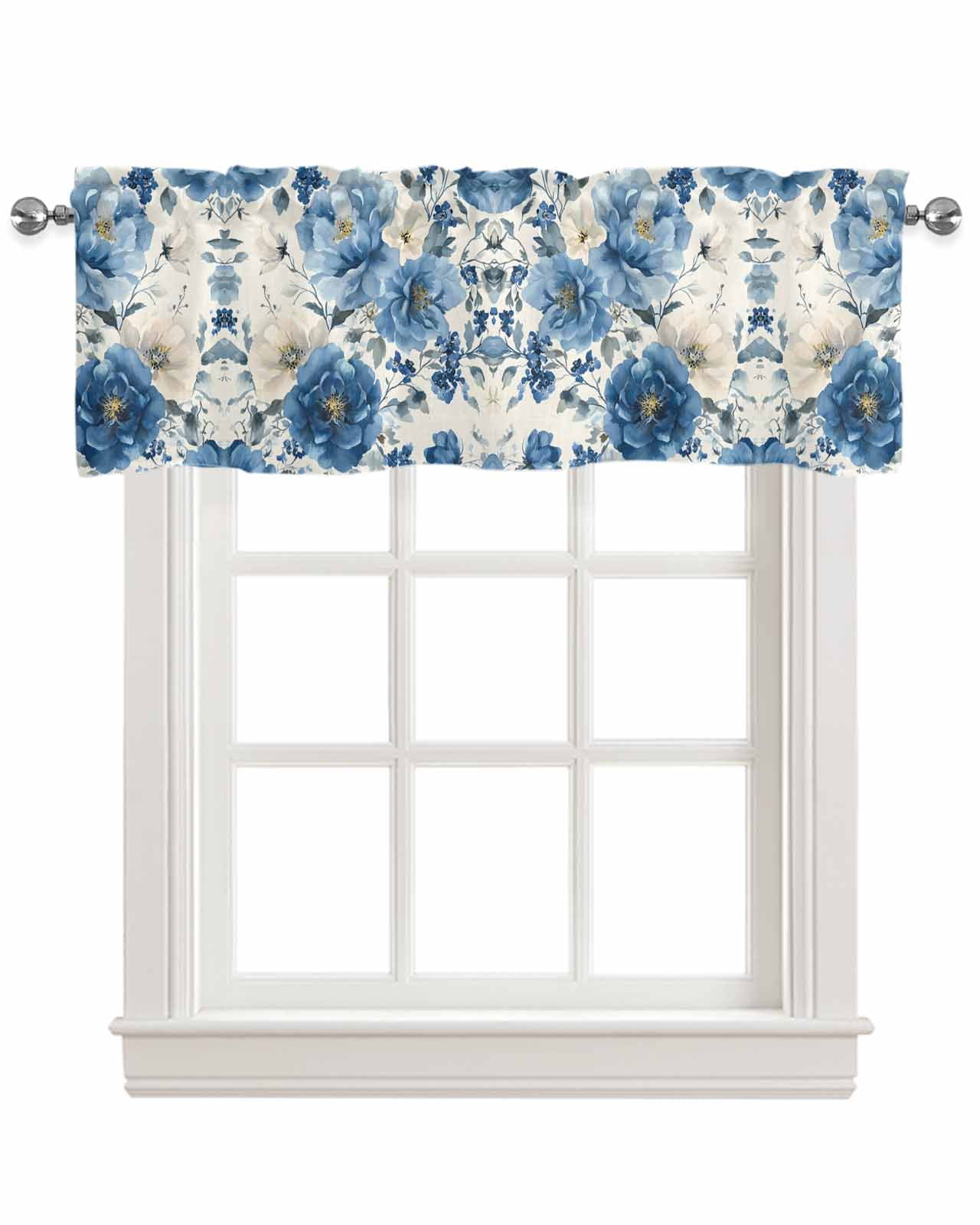 Blue Flower Kitchen Valances for Windows Farmhouse Linen Window Valance ...