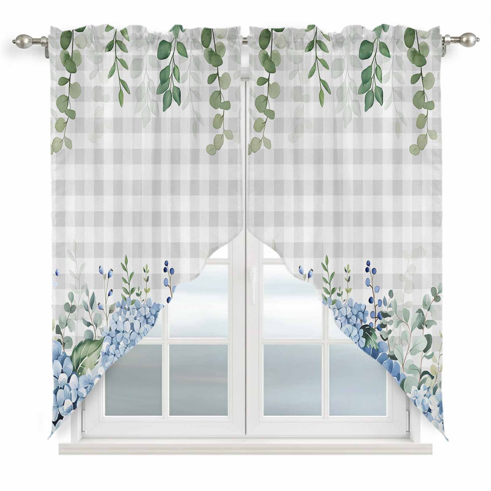 Blue Flower Kitchen Window Curtains, Swag Curtains Valance for Bedroom ...