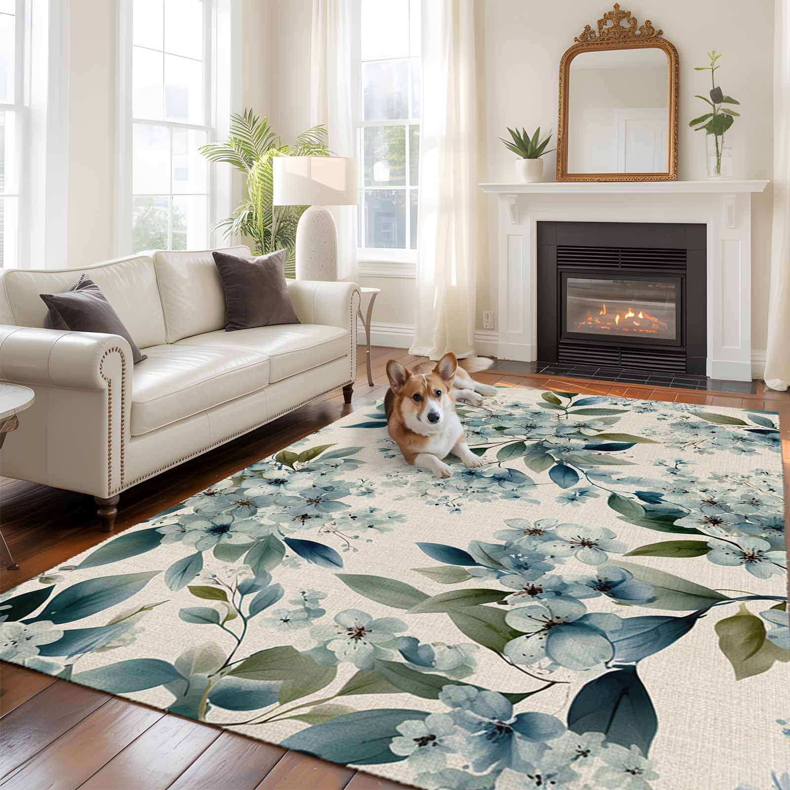Blue Flower Large Area Rugs 5x8 ft Watercolor Spring Blue Floral Green ...