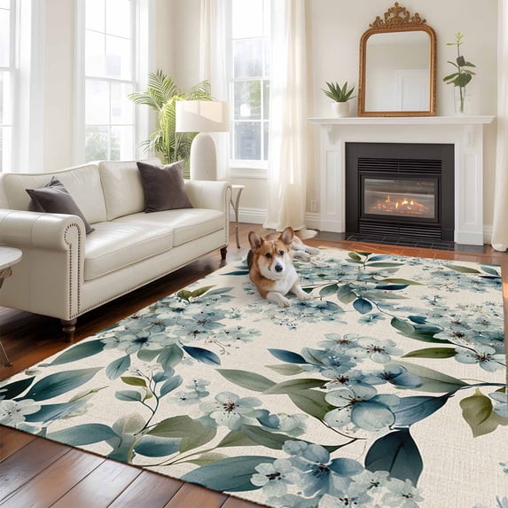 Blue Flower Large Area Rugs 5x8 ft Watercolor Spring Blue Floral Green ...