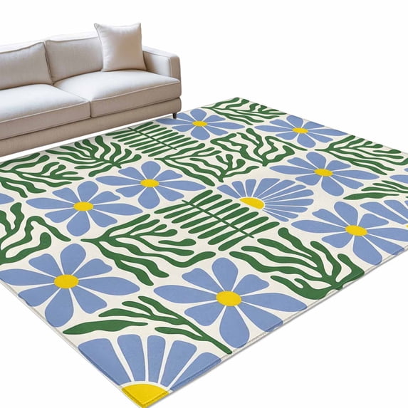 Blue Flower Large Area Rugs 5x8ft Green Curve Abstract Floral Plaid ...