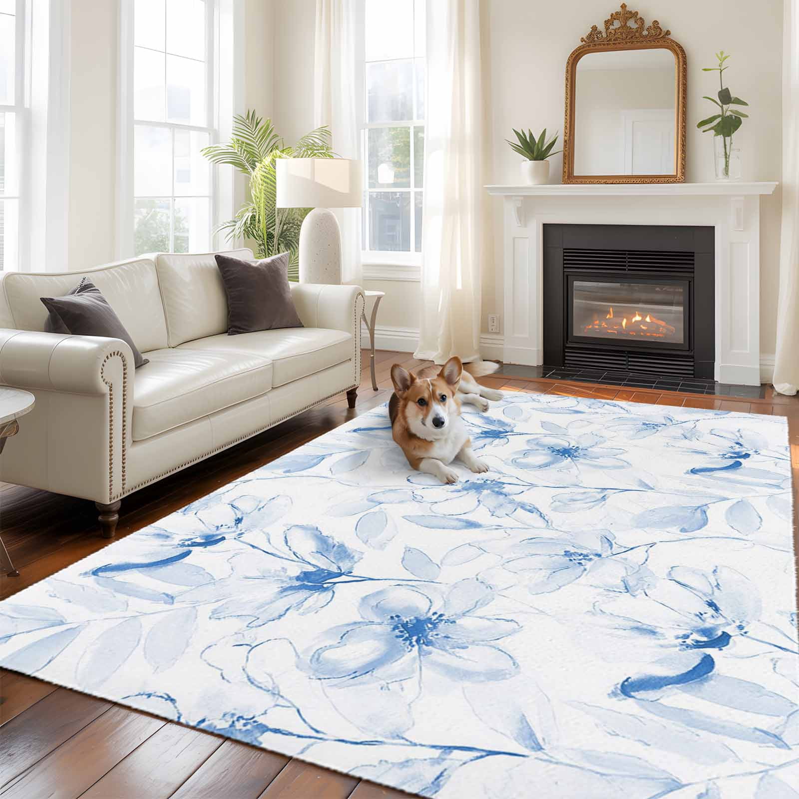 Blue Flower Large Area Rugs 8x10 ft Retro Abstract Art Watercolor Blue ...