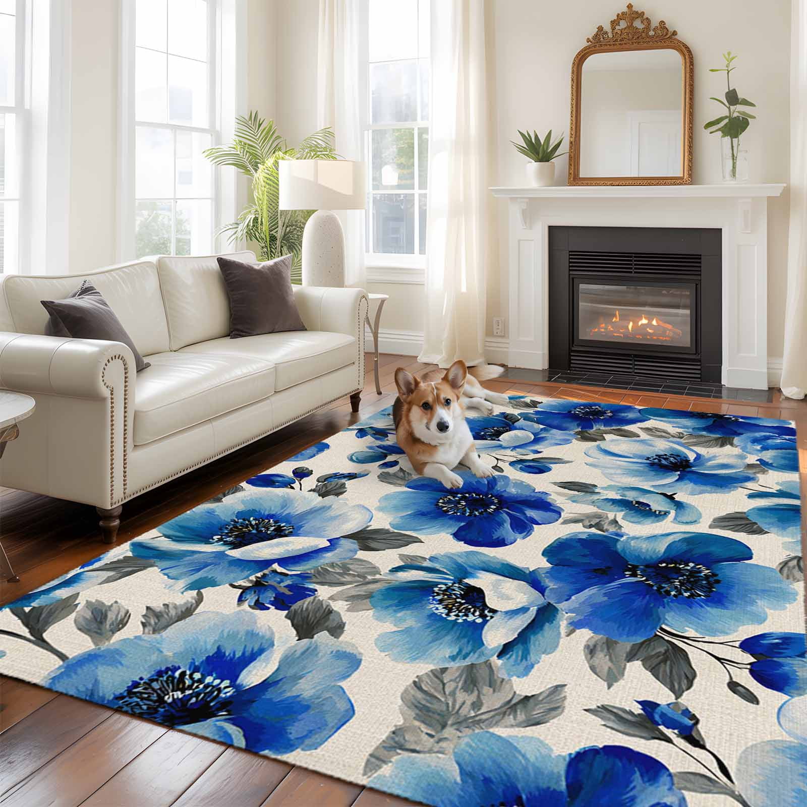 Blue Flower Large Area Rugs 8x10 ft Watercolor Gradient Blue White ...