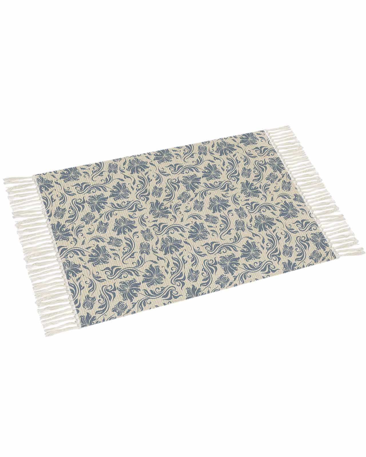 Blue Flower Leaf Bedroom Rug 4'x6', Washable Woven Cotton Area Rug with ...
