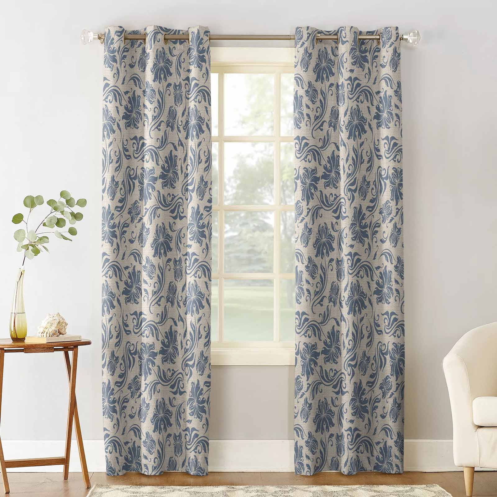 Blue Flower Leaf Blackout Curtains 54 Inches Length, Retro Traditional ...